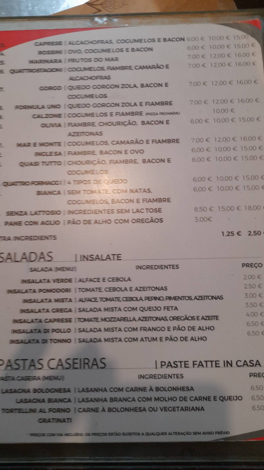 Menu em Pizzeria L'italiana, Porto de Mós