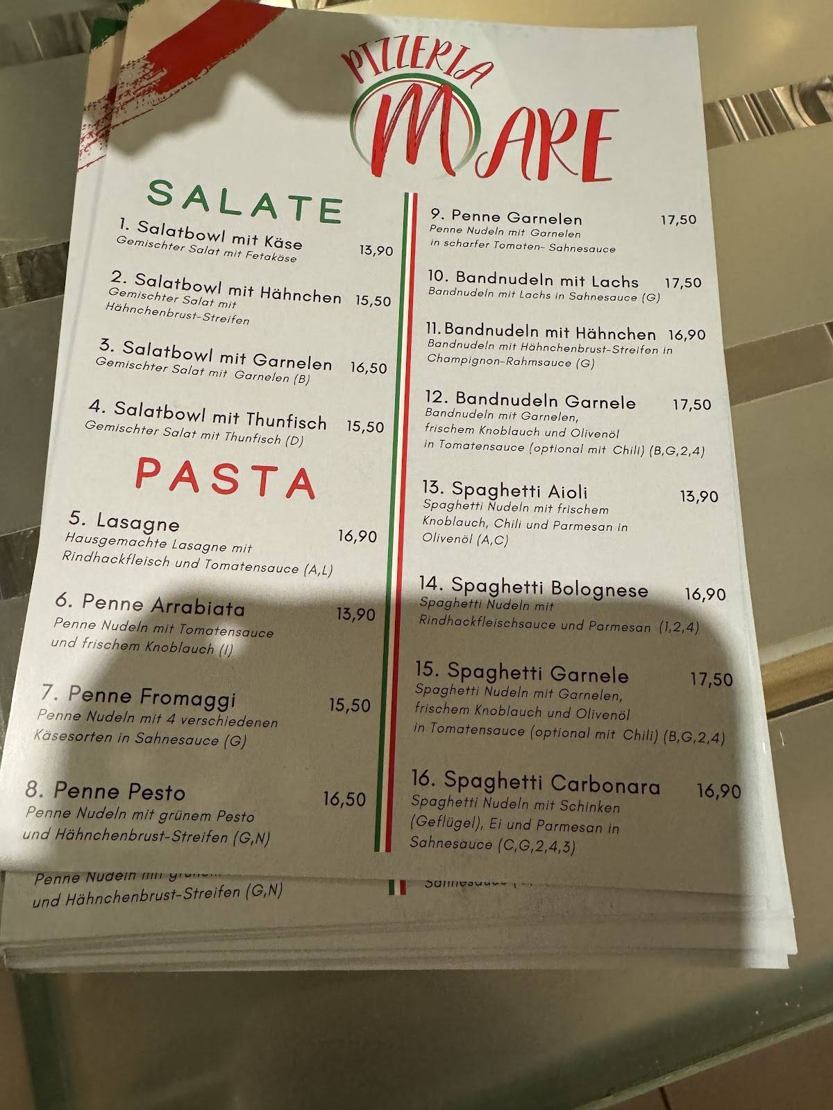 Speisekarte von Pizzeria Mare, List