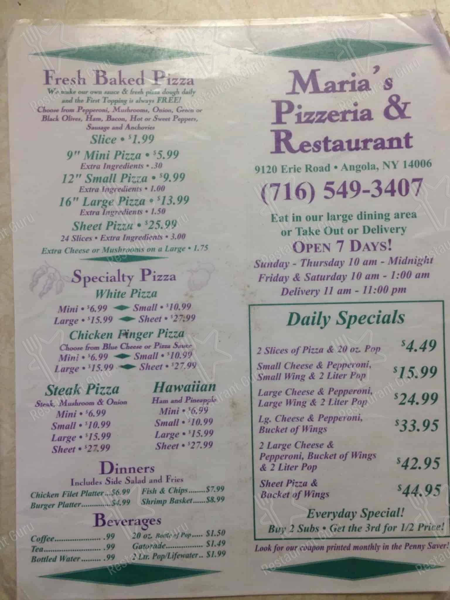 Menu at Maria's Pizza pizzeria, Angola