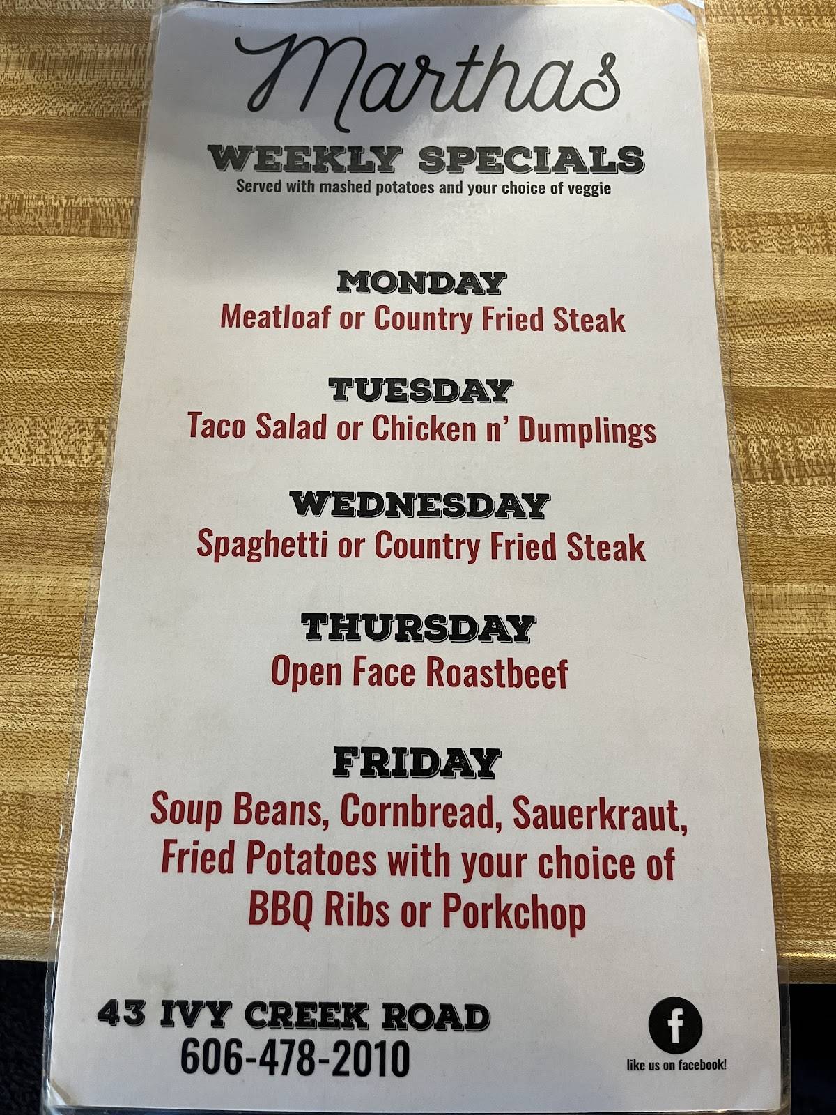Menu at Martha's pizzeria, Ivel