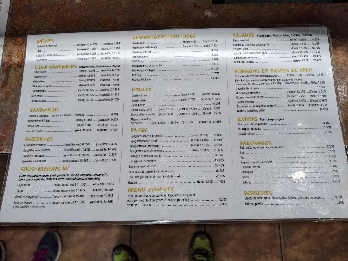 Menu au Mastro Pizzeria, Gaspé