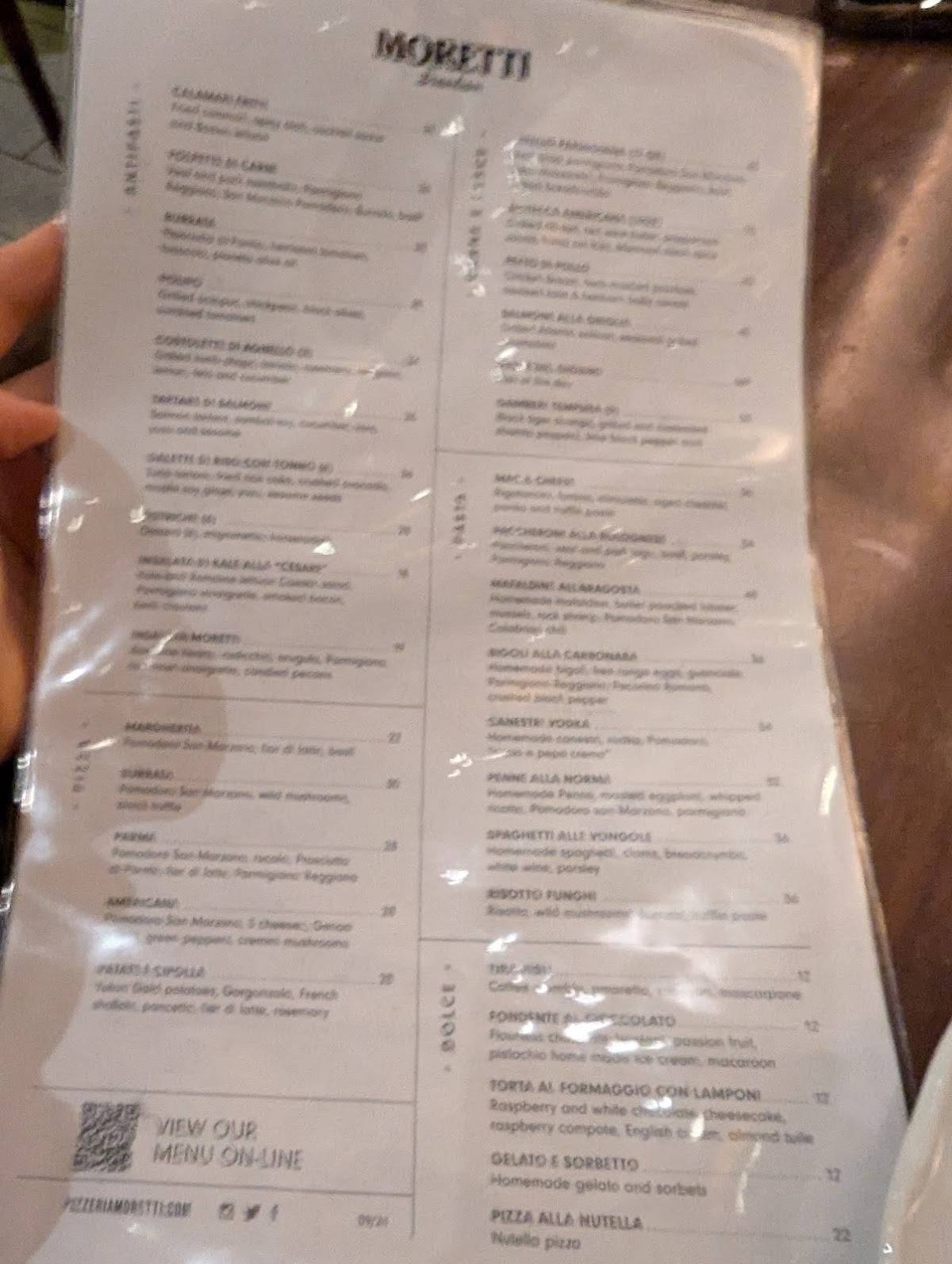 Menu at Pizzeria Moretti Downtown, Montréal