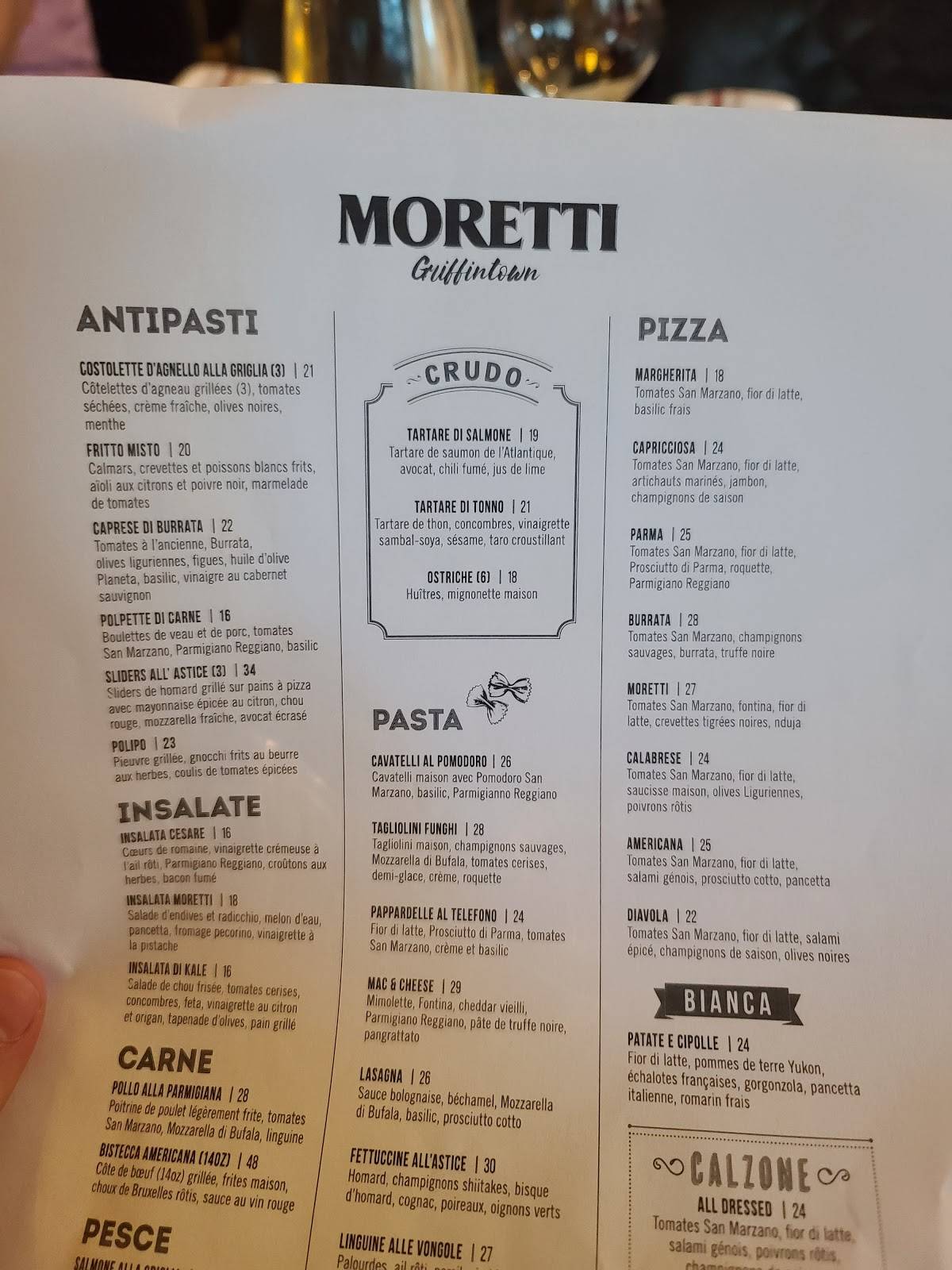 Menu au Pizzeria Moretti Griffintown, Montréal