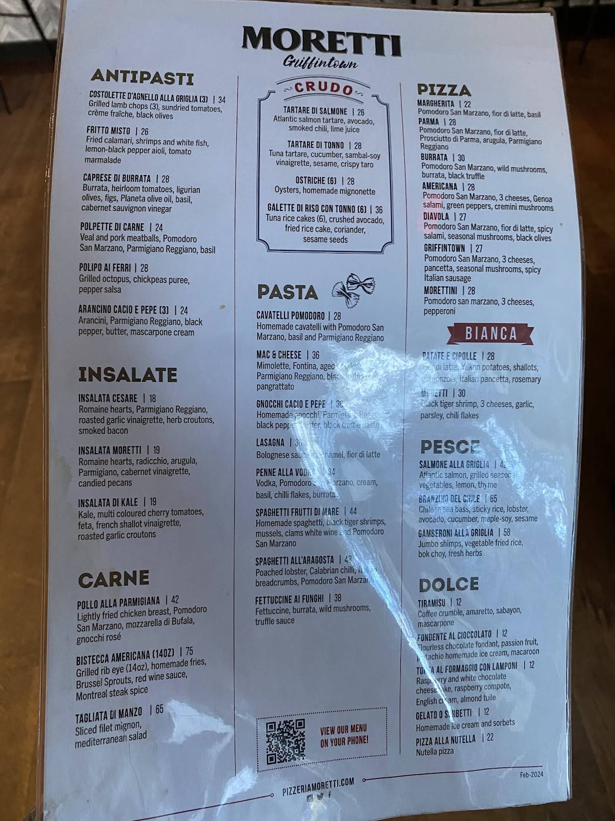Menu au Pizzeria Moretti Griffintown, Montréal