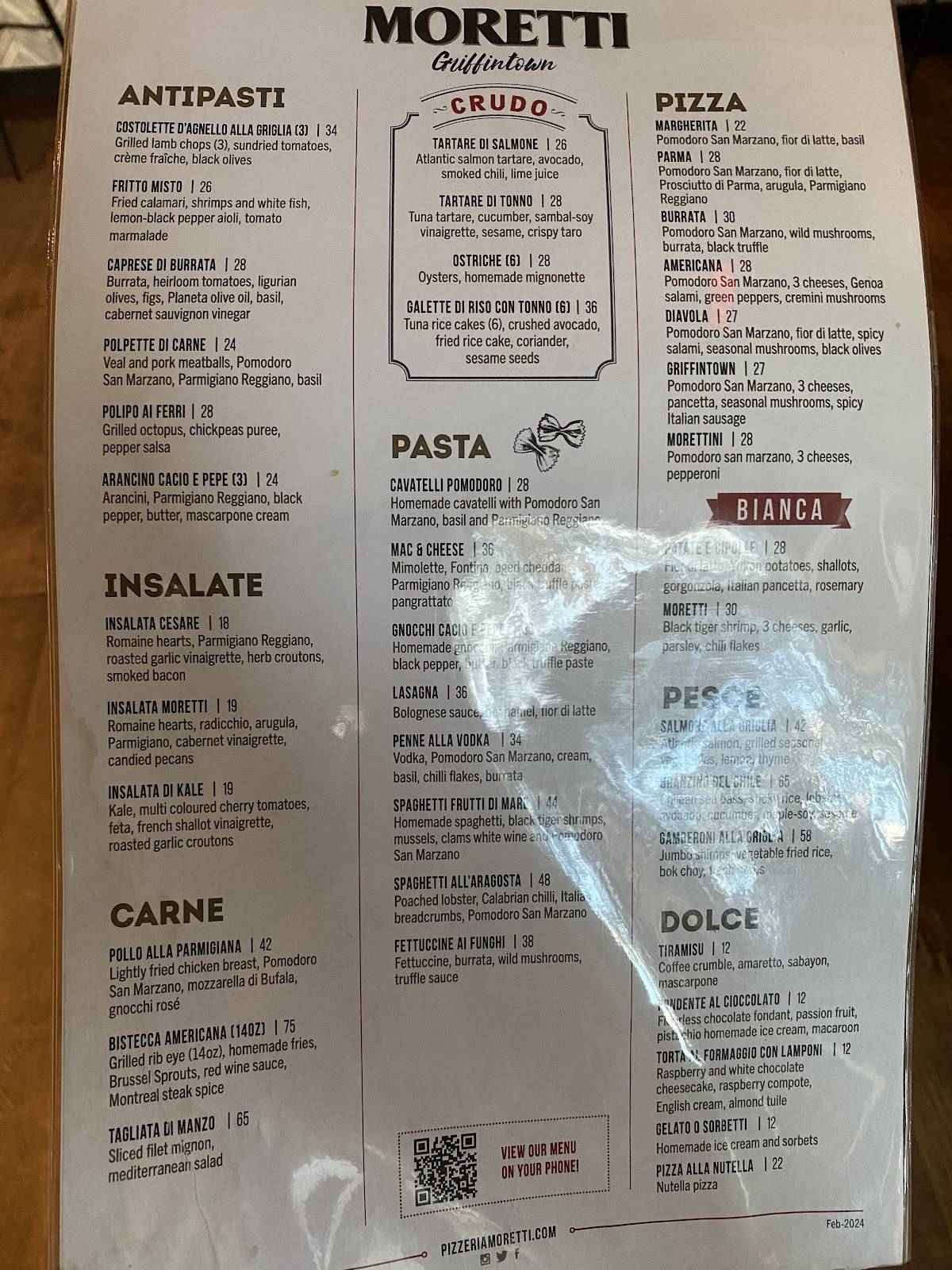 Menu au Pizzeria Moretti Griffintown, Montréal
