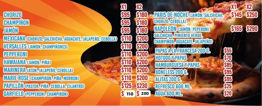 Menu at Pizzeria Paris, Mexico City