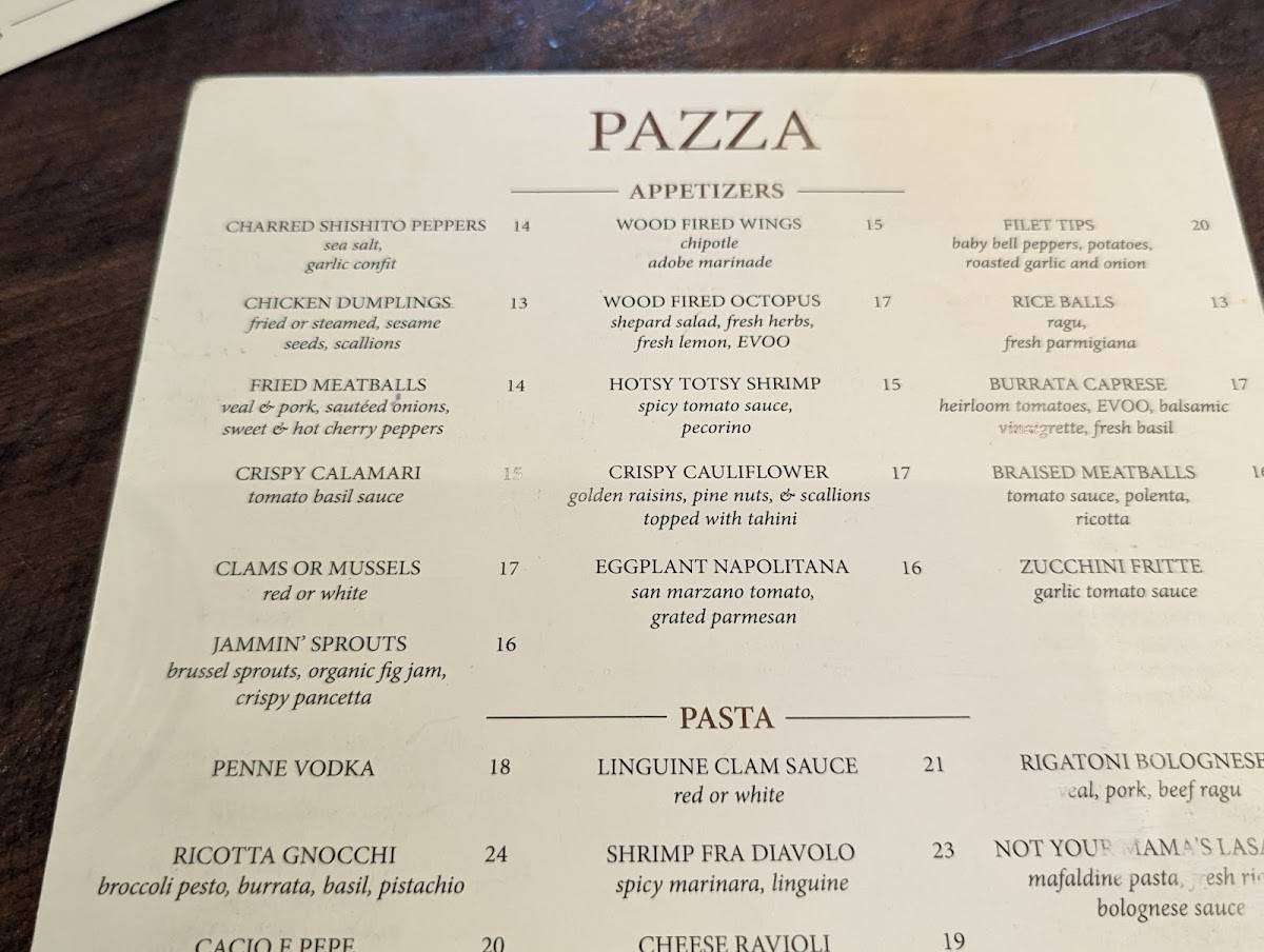 Menu at Pazza restaurant, Franklin Lakes