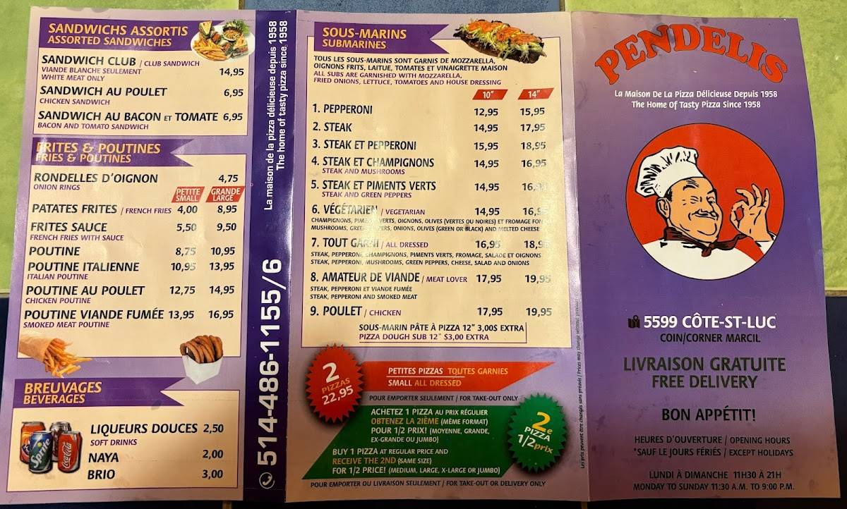 Menu at Pendeli's Pizza pizzeria, Montréal, Côte Saint Luc Rd