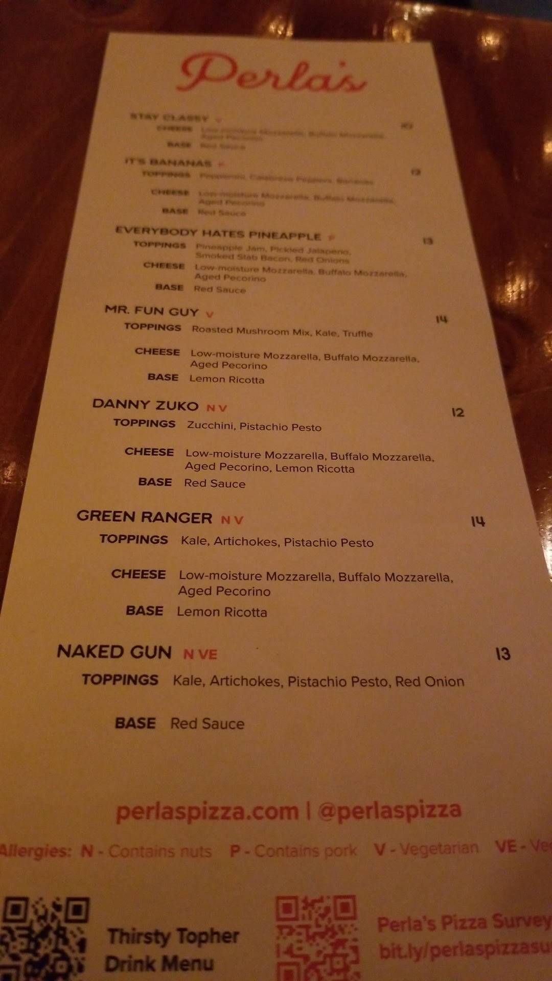 Menu at Perla's Pizza pizzeria, Orlando