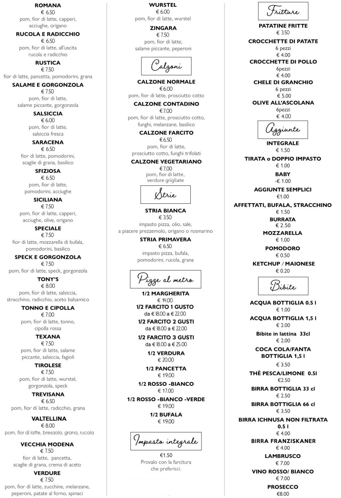 Menu da Piccolo Pomodoro pizzeria, Modena