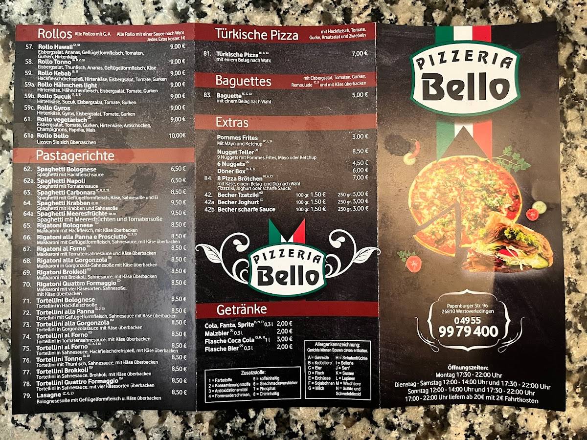 Speisekarte von Pizzeria Bello, Westoverledingen