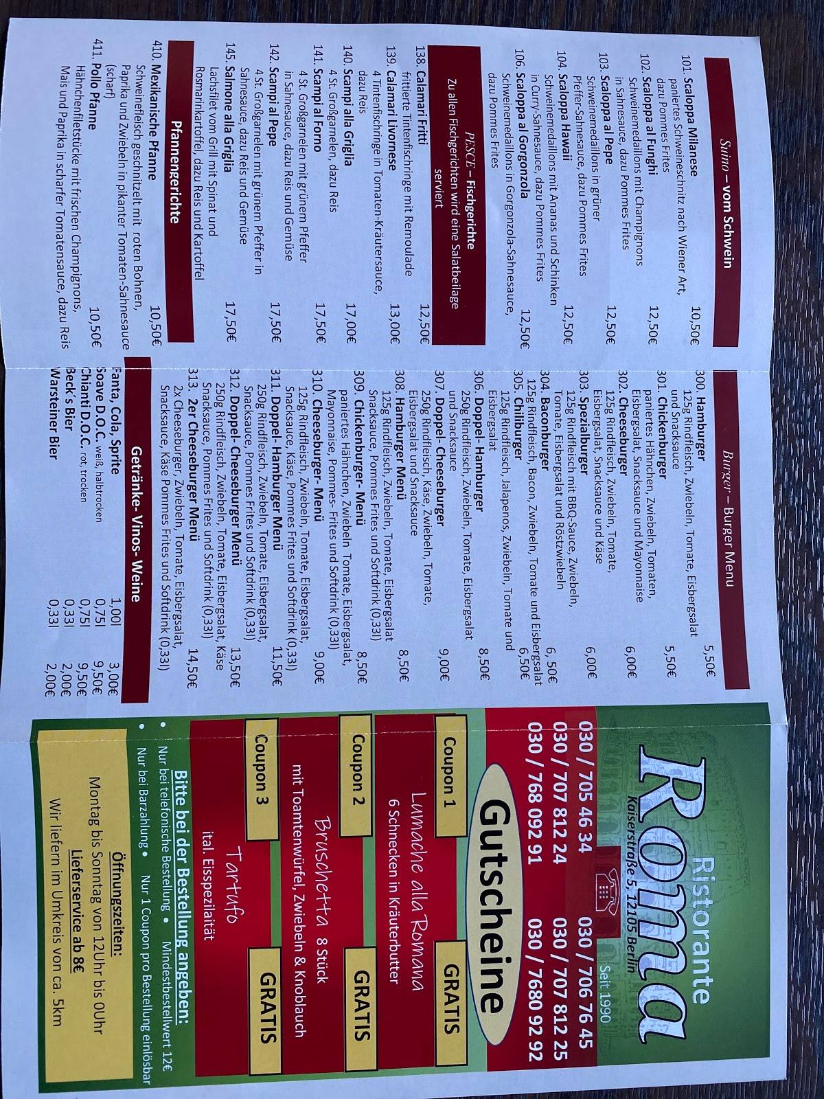 Speisekarte von Pizzeria Roma, Berlin, Gersdorfstrasse 65