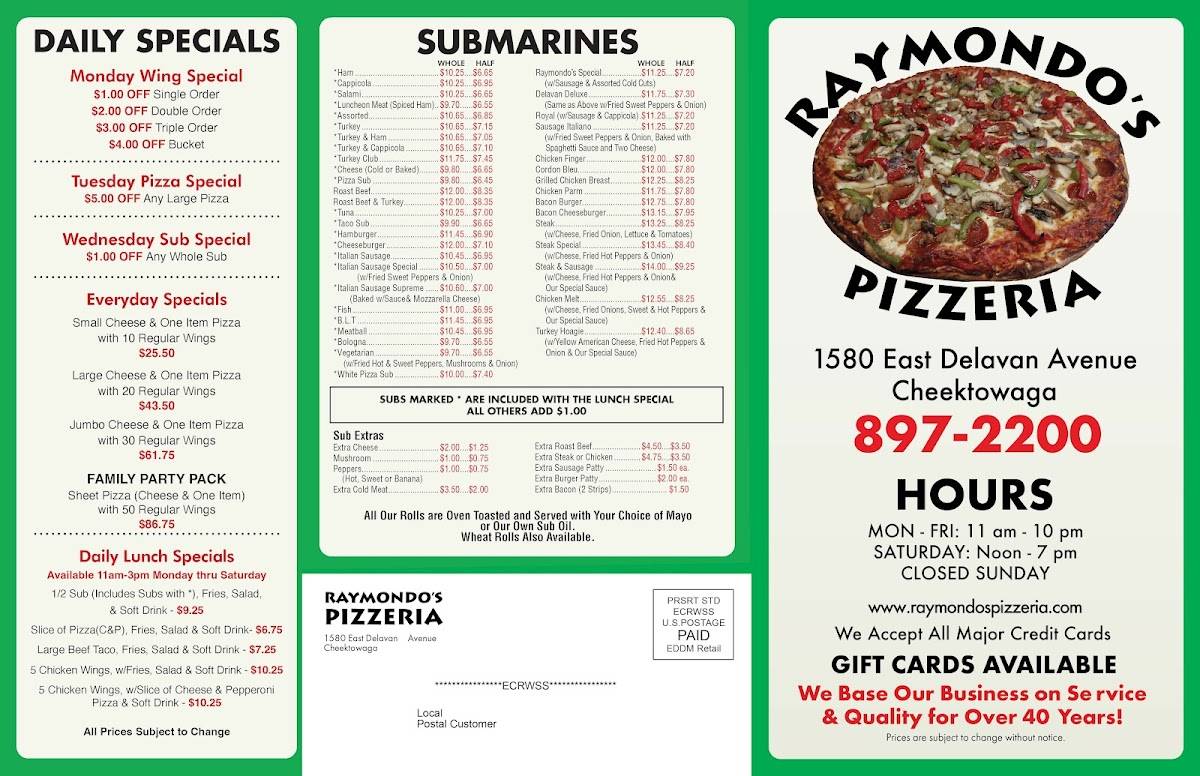 Menu at Raymondo's Pizzeria, Cheektowaga