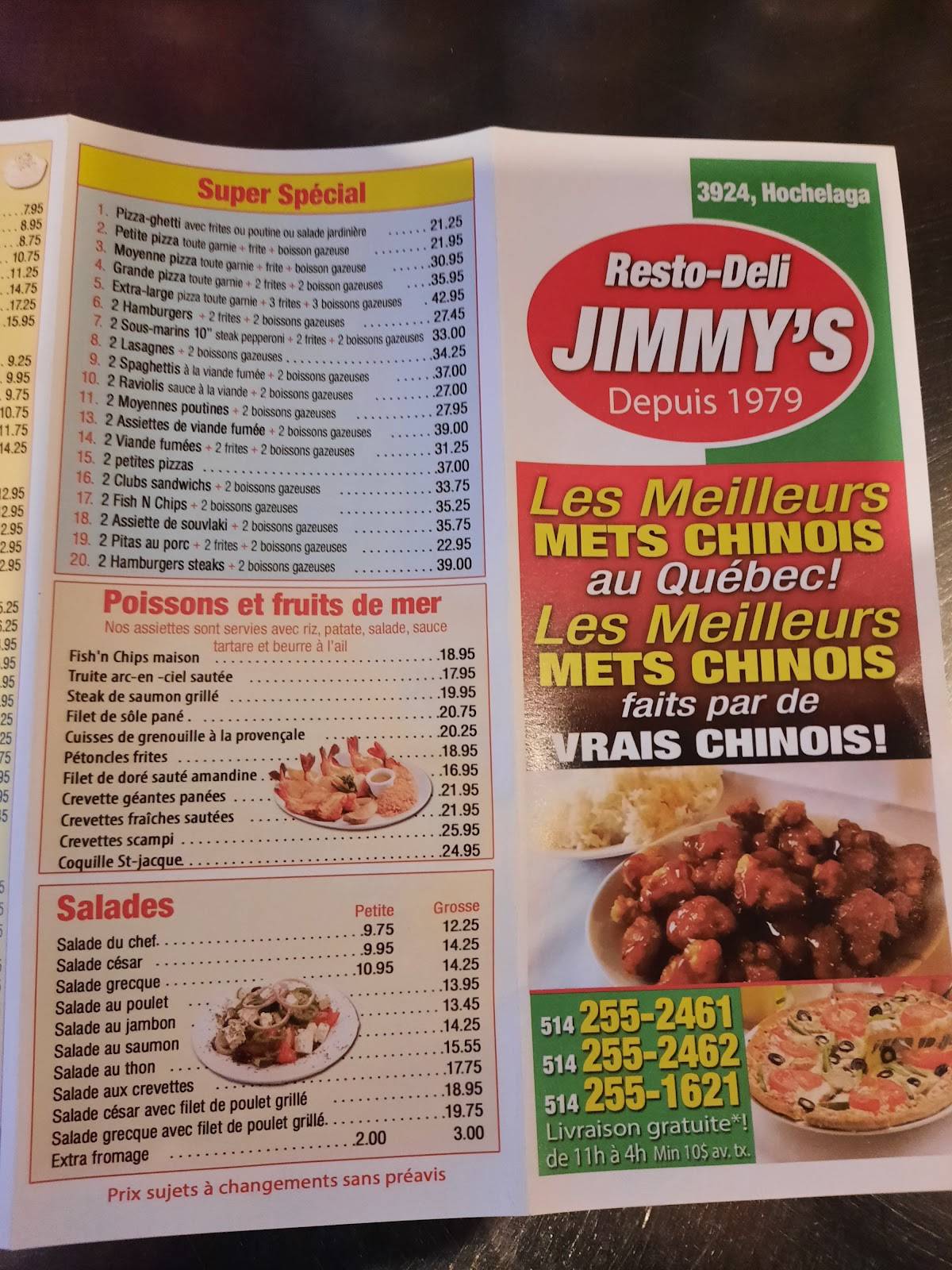 Menu au Restaurant Jimmy, Montréal