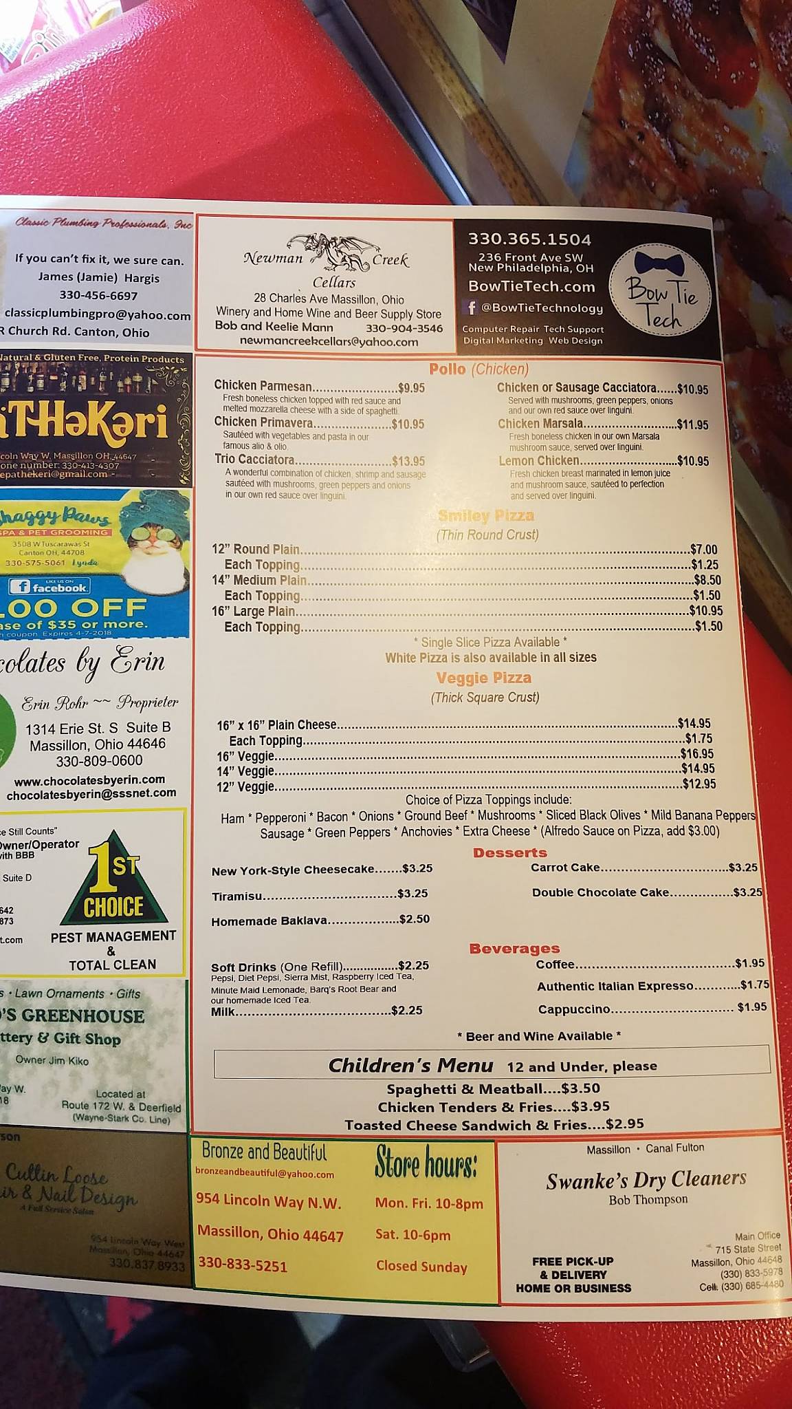 Menu at Smiley's Ristorante & Pizzeria, Massillon
