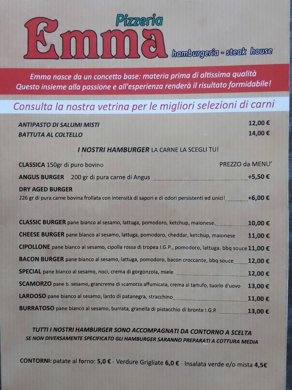 Carta de Pizzeria Steakhouse Emma, Altare