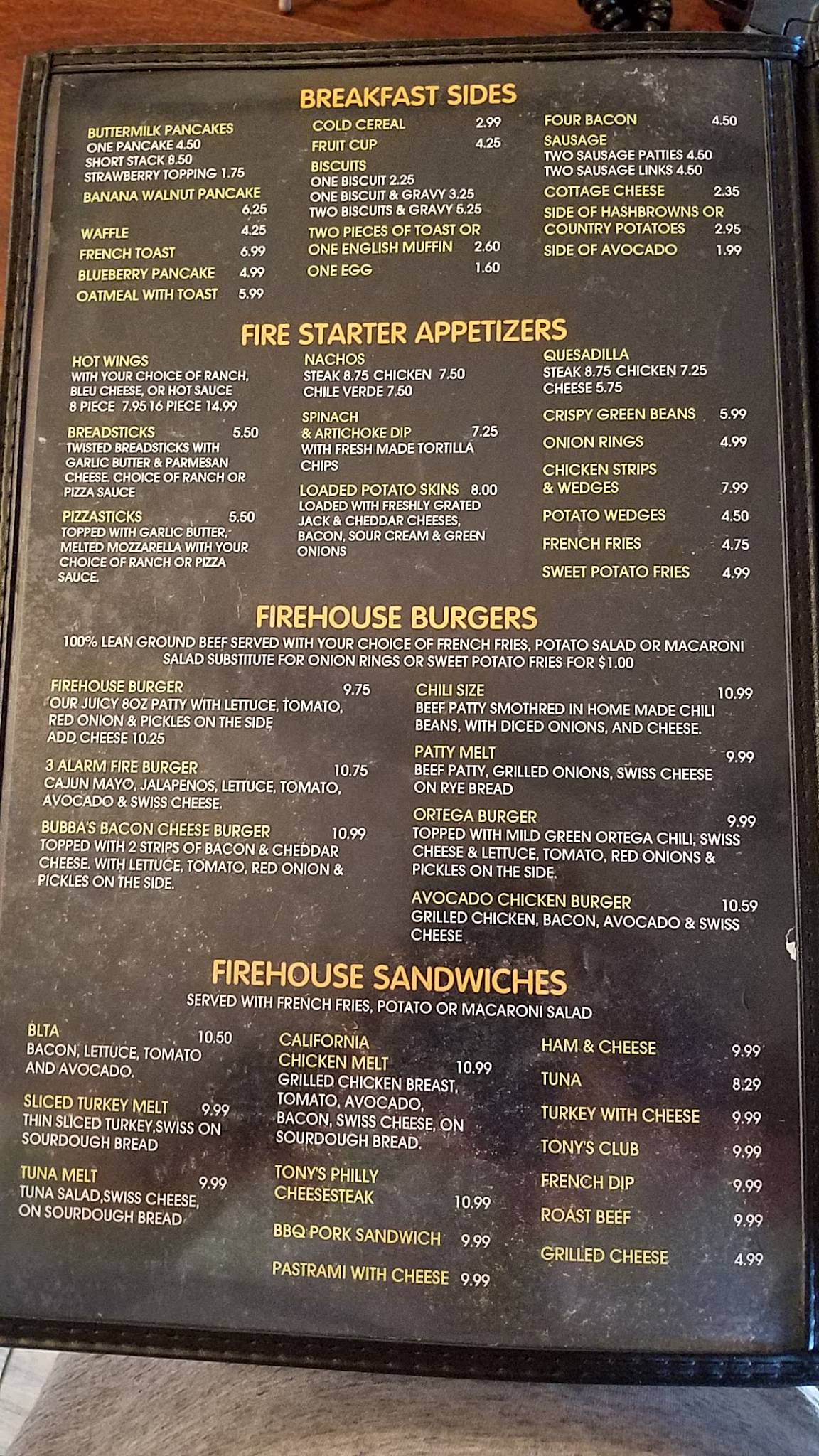 Menu at Tony's Firehouse Grill and Pizza pizzeria, Bakersfield
