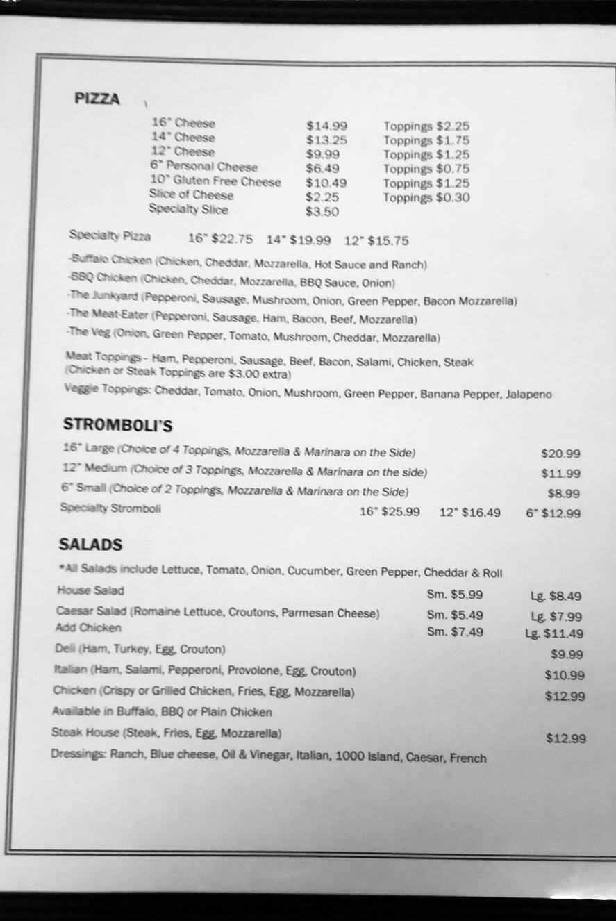Menu at Ville Billy`s LLC pizzeria, State College