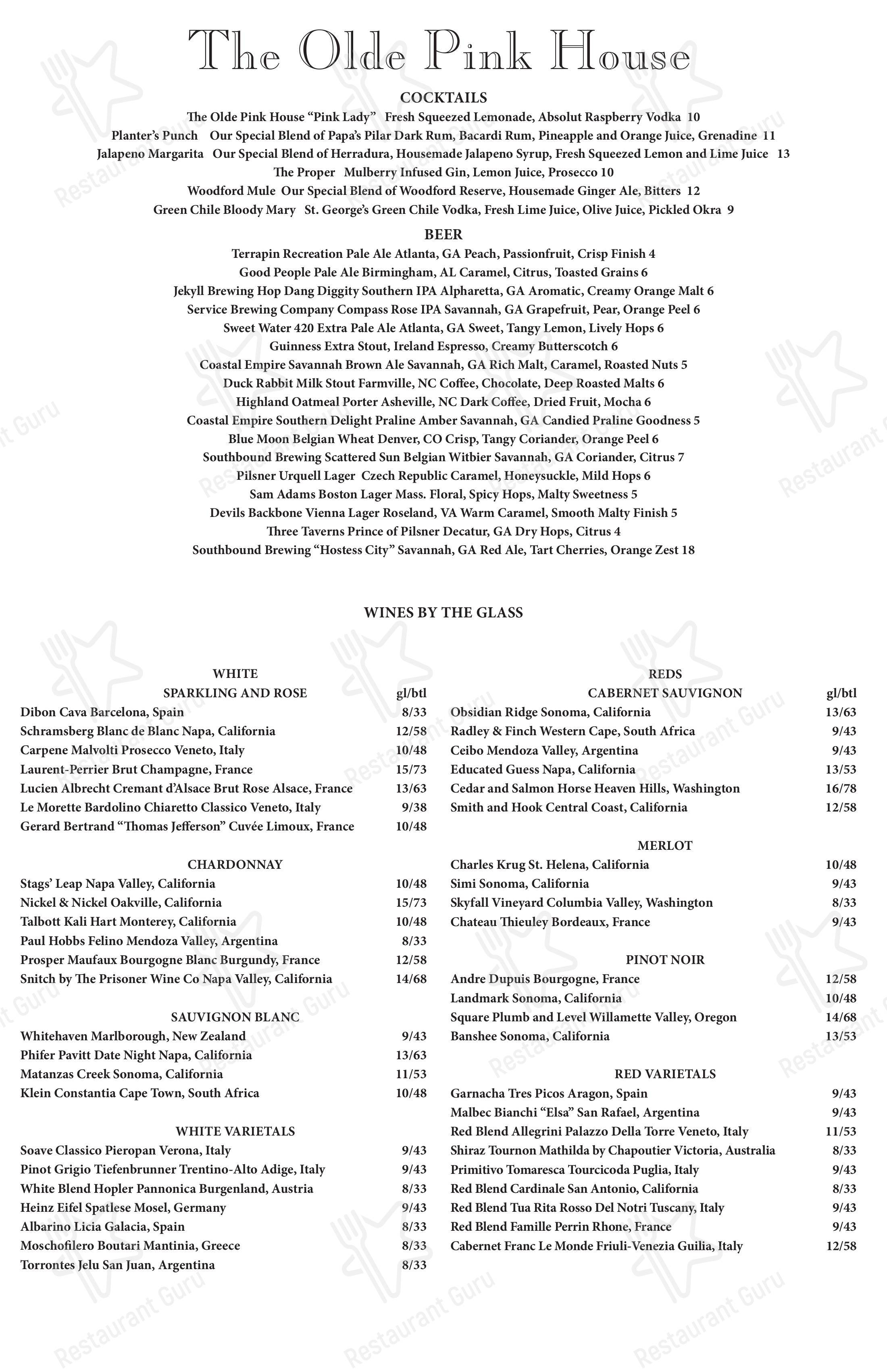 Menu at Planters Tavern pub & bar, Savannah, 23 Abercorn St