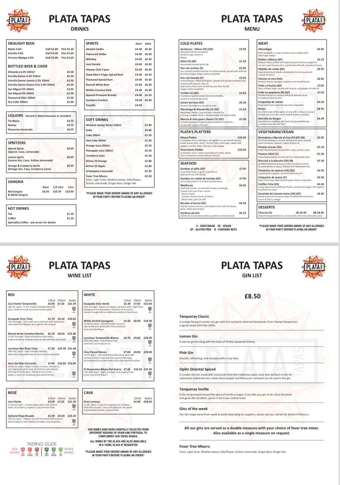 Menu at Plata Tapas restaurant, Wigan