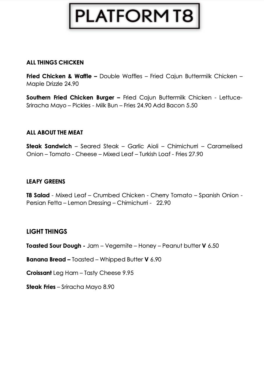 Menu at Platform T8 cafe, Penrith
