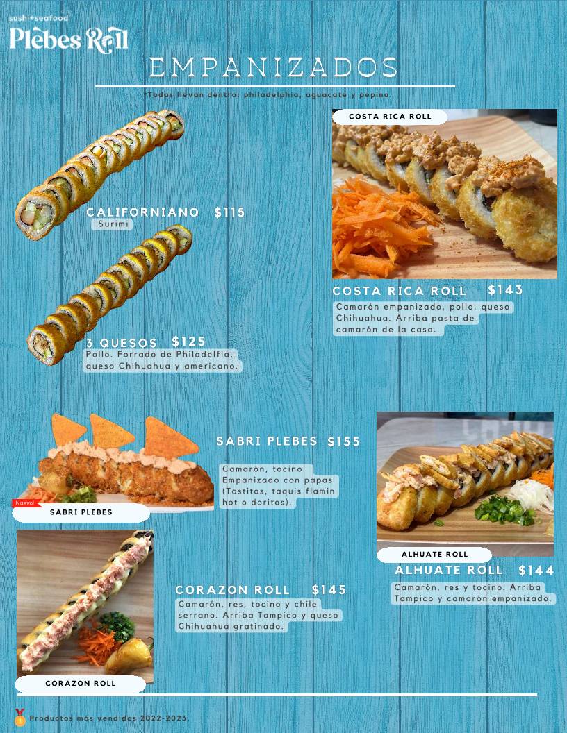 Carta del restaurante Plebes Roll, Chihuahua