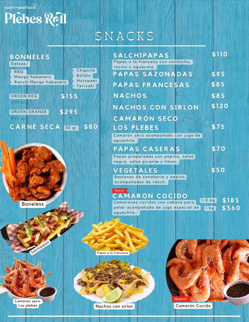 Carta del restaurante Plebes Roll, Chihuahua