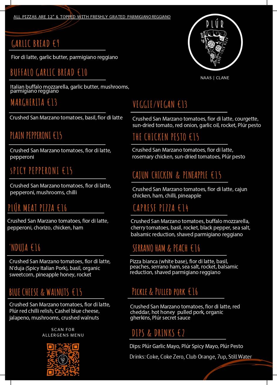 Carta de pizzería Plur wood-fired pizza (Clane), Clane