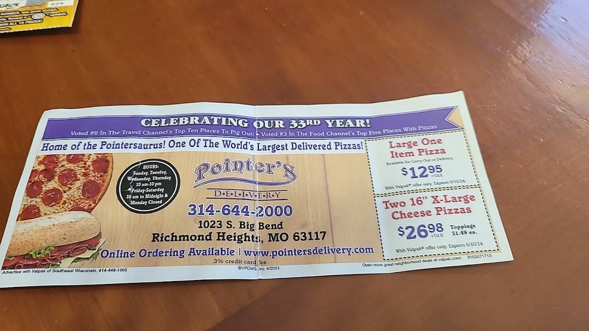 Menu at Pointers Pizza pizzeria, Richmond Heights