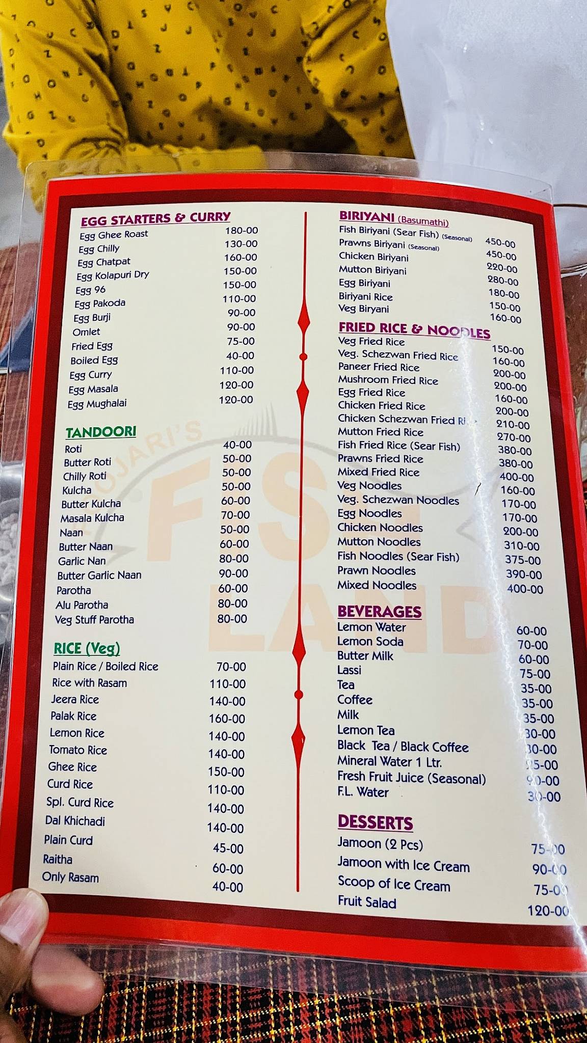 Menu at Poojari Fish Land, Mysuru