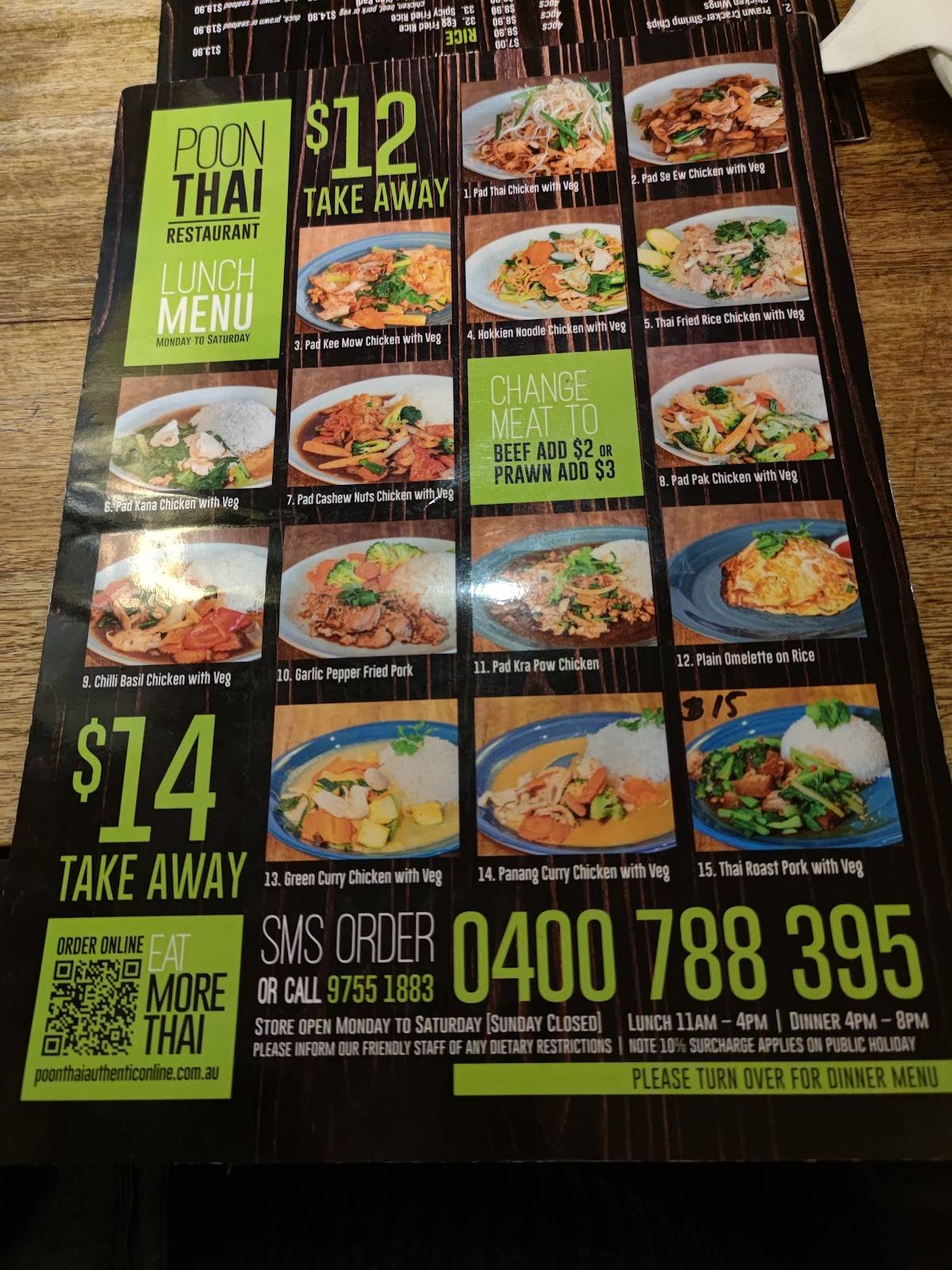 Menu at Poon Thai Authentic restaurant, Georges Hall