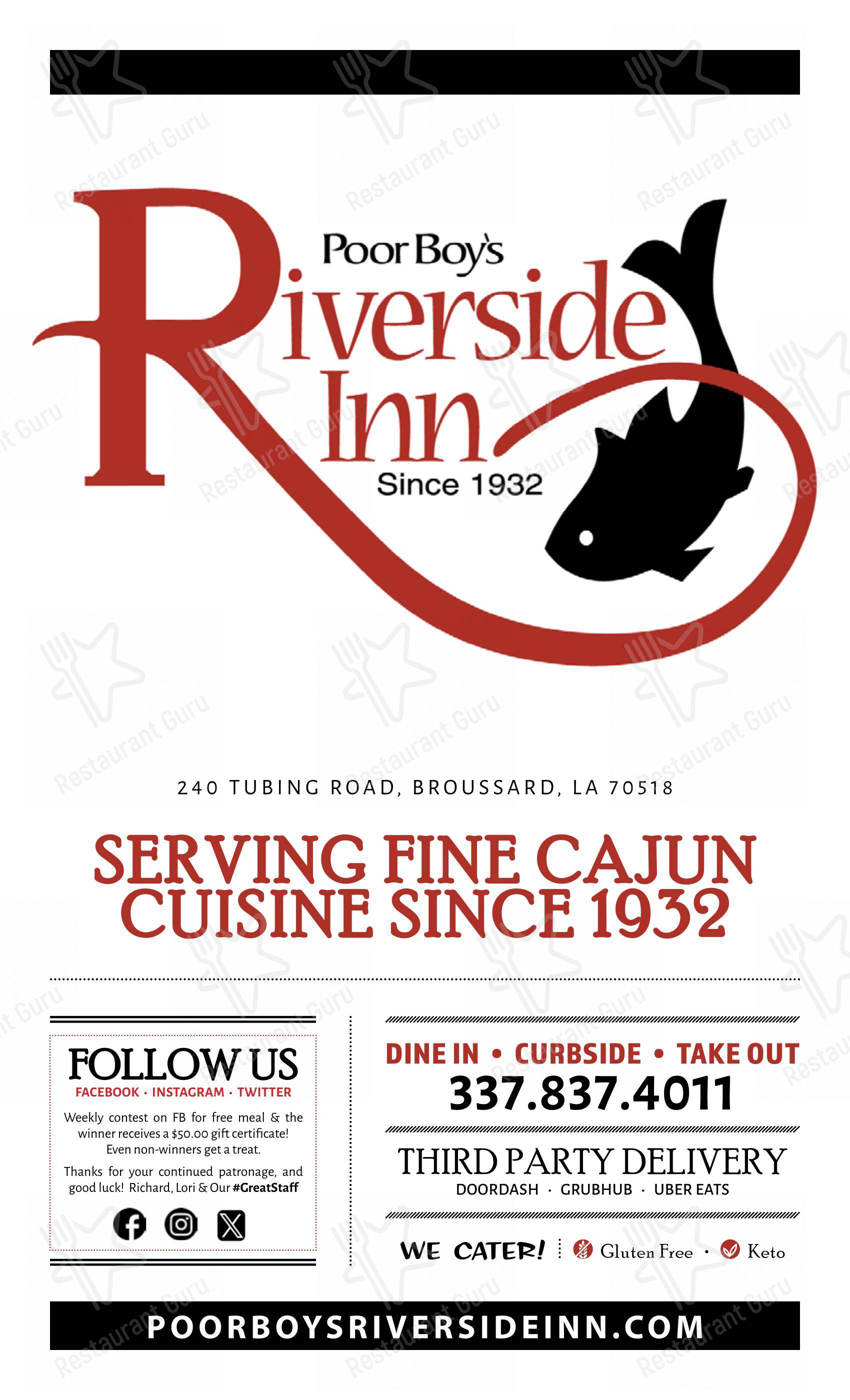 Menu at Poor Boy's Riverside Inn restaurant, Broussard