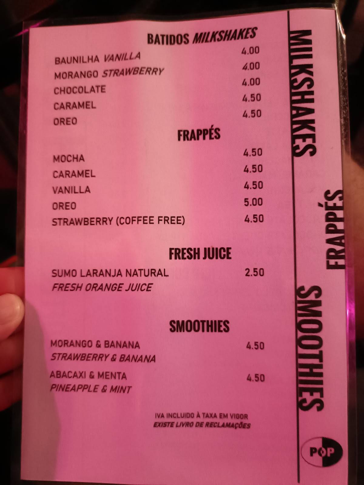 Menu em Pop Café Bar, Monte Gordo