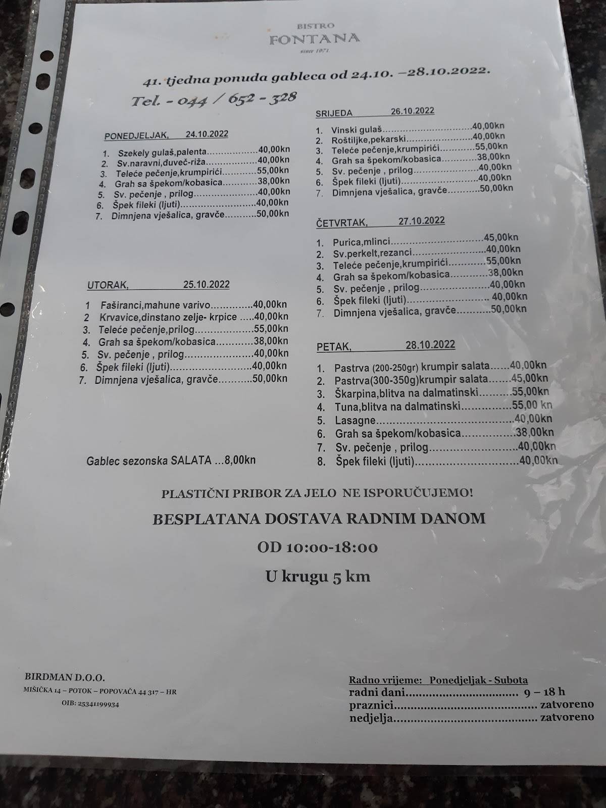 Menu at Restoran Fontana restaurant, Popovača