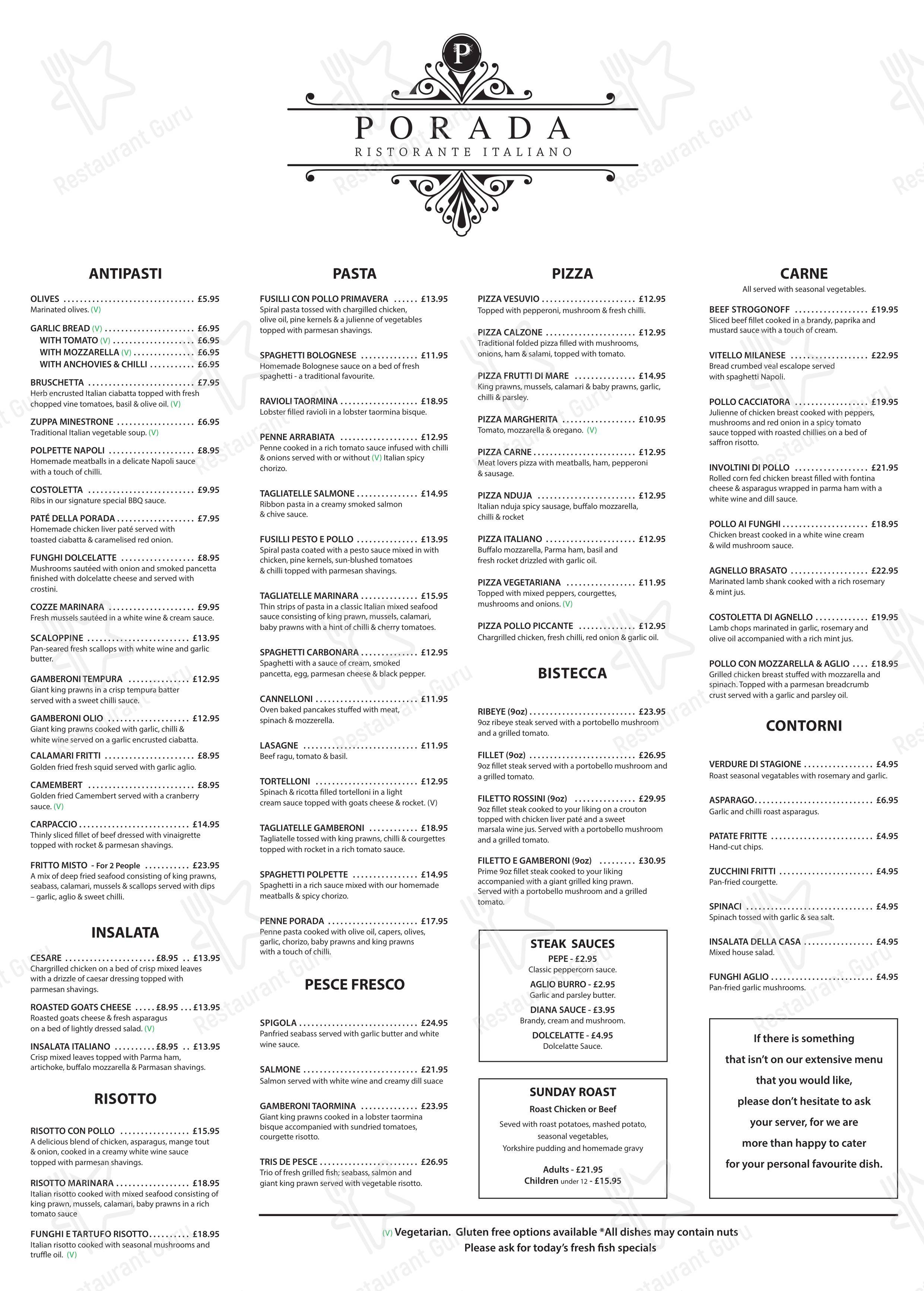Menu at Porada restaurant, Manchester