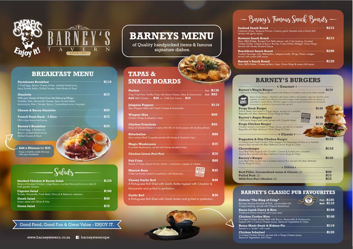 Menu at Barney's Tavern, Port Elizabeth