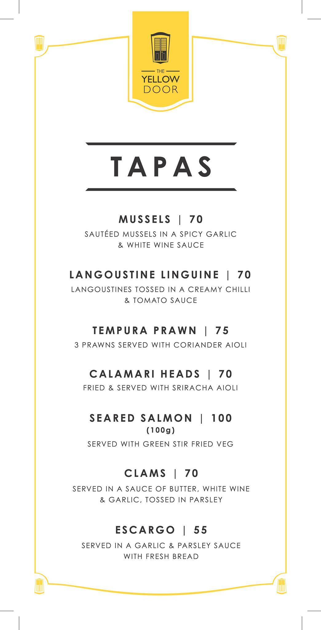 Menu at The Yellow Door @ Boca pub & bar, Port Elizabeth
