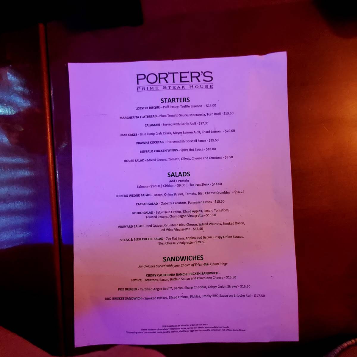 Menu at Porter's Prime Steakhouse, Ontario