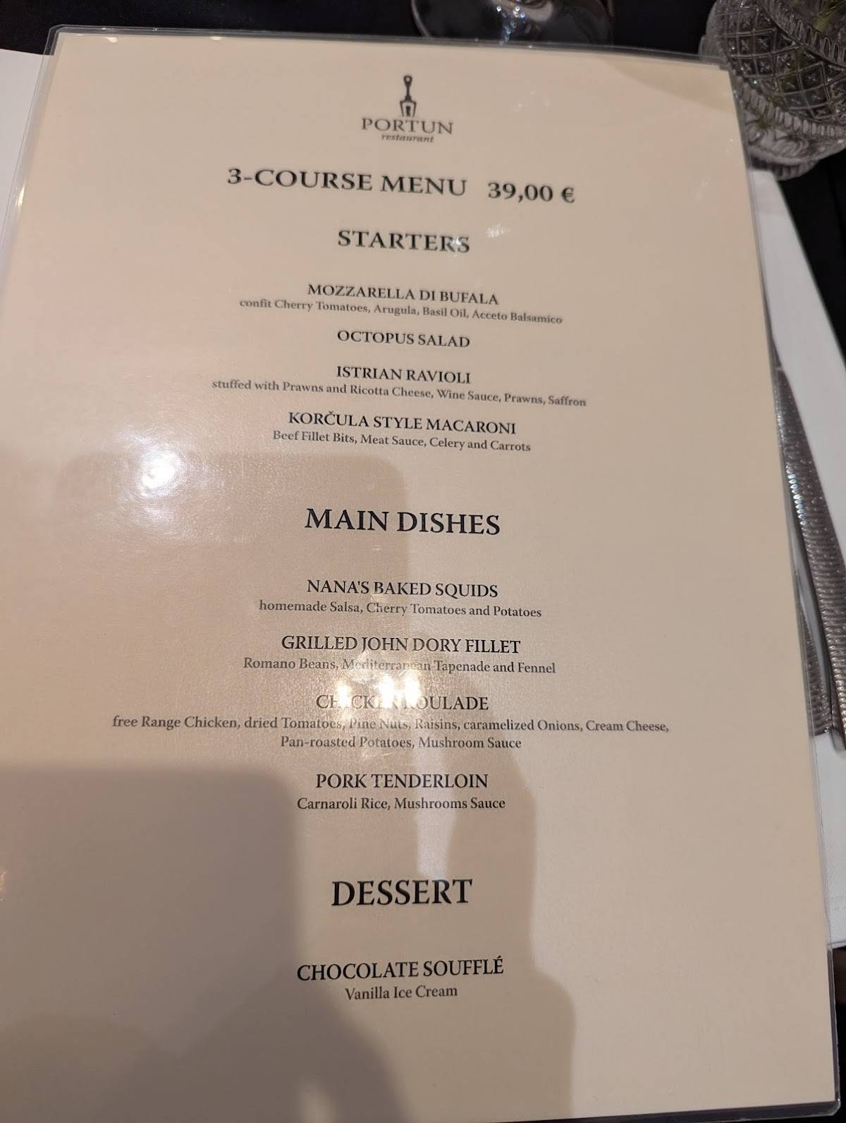Menu at Portun restaurant, Dubrovnik
