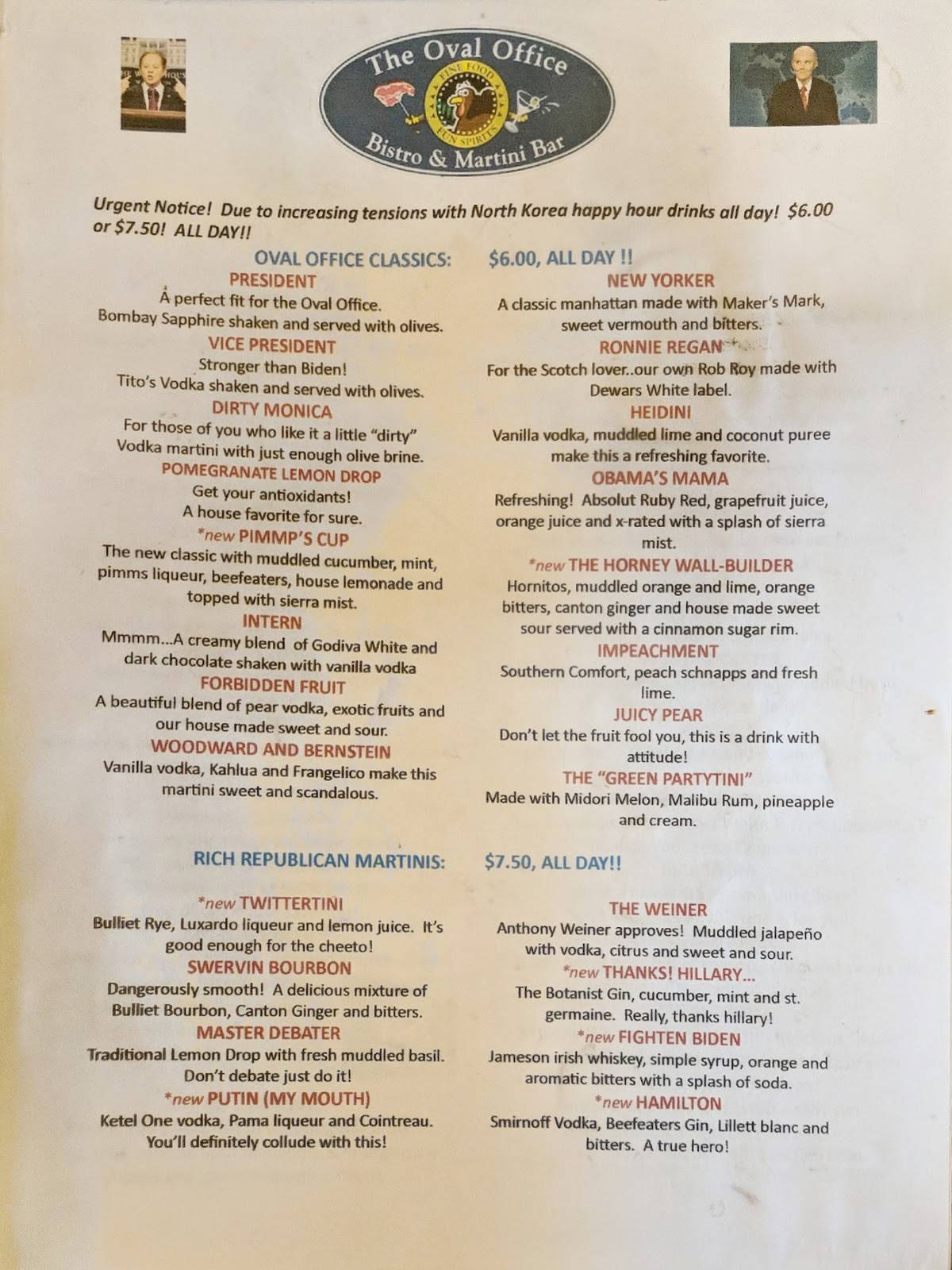 Menu at Oval Office pub & bar, Post Falls