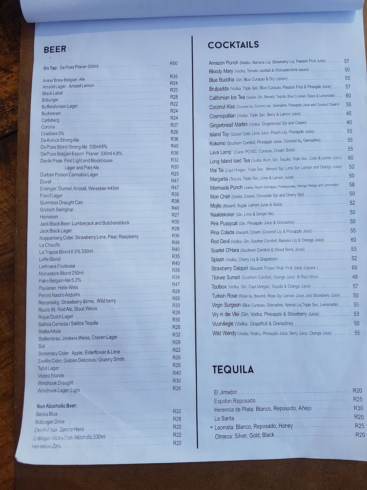 Menu at River Café restaurant, Potchefstroom