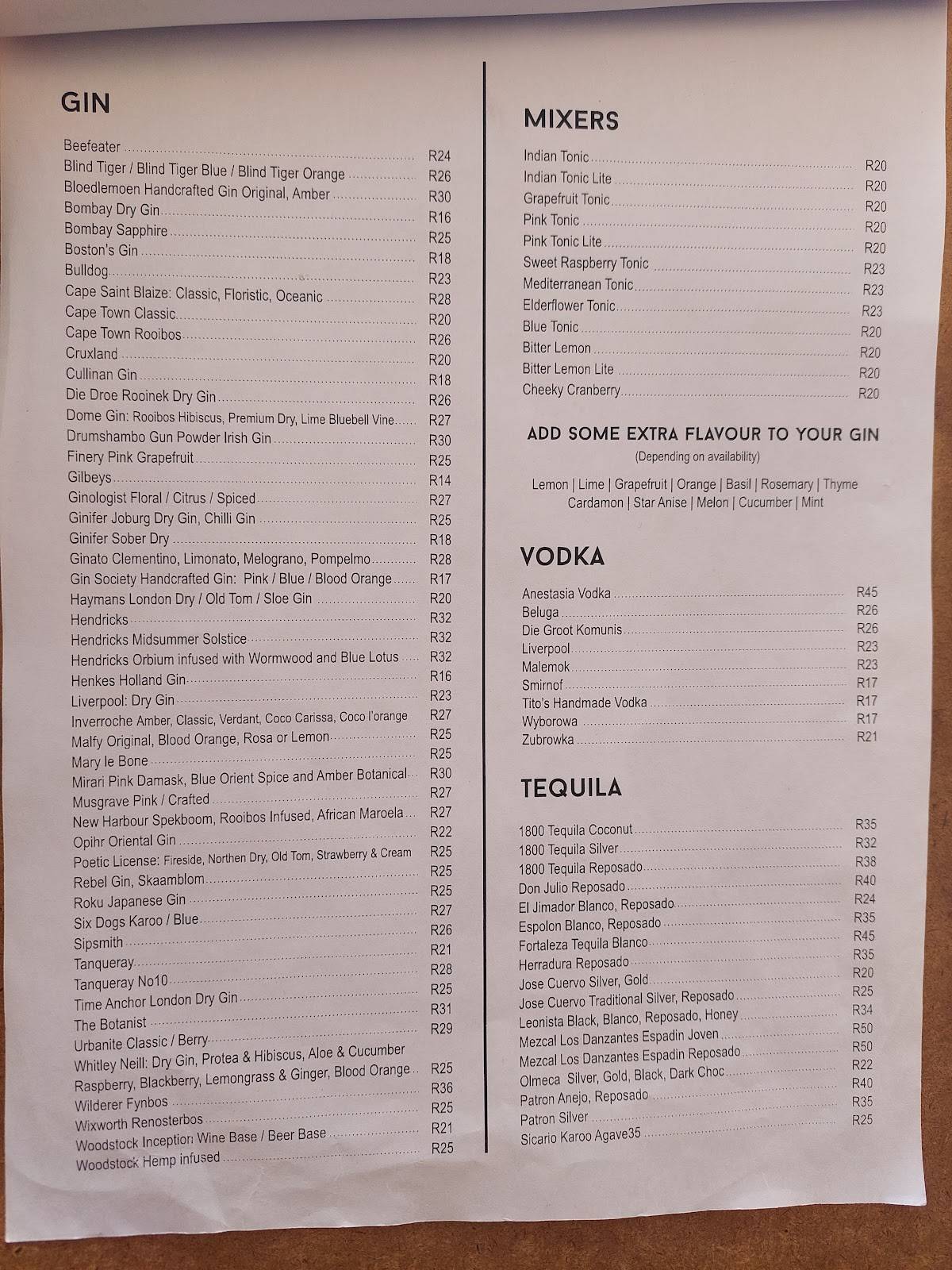 Menu at River Café restaurant, Potchefstroom