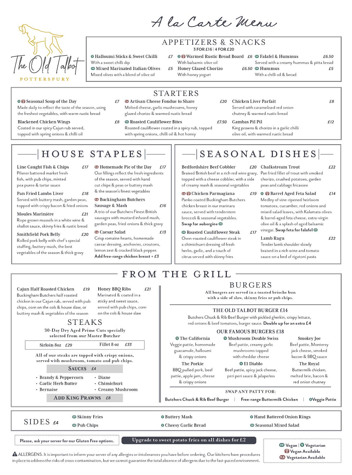 Menu at The Old Talbot Restaurant, Pub, Hotel and Takeaway, Potterspury