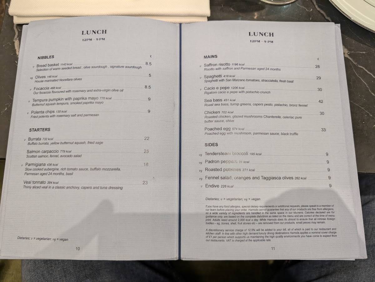 Menu at Prada Caffè cafe, London