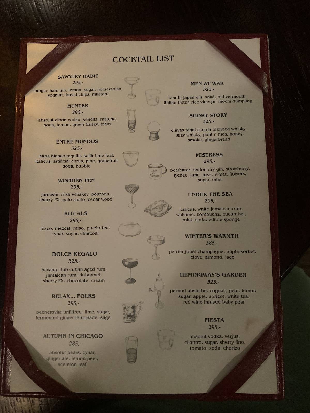 Menu at Hemingway Bar, Prague
