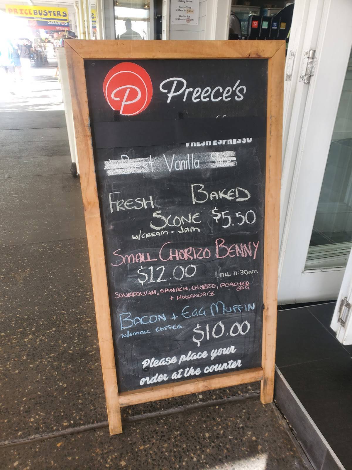 Menu at Preece's restaurant, Redcliffe