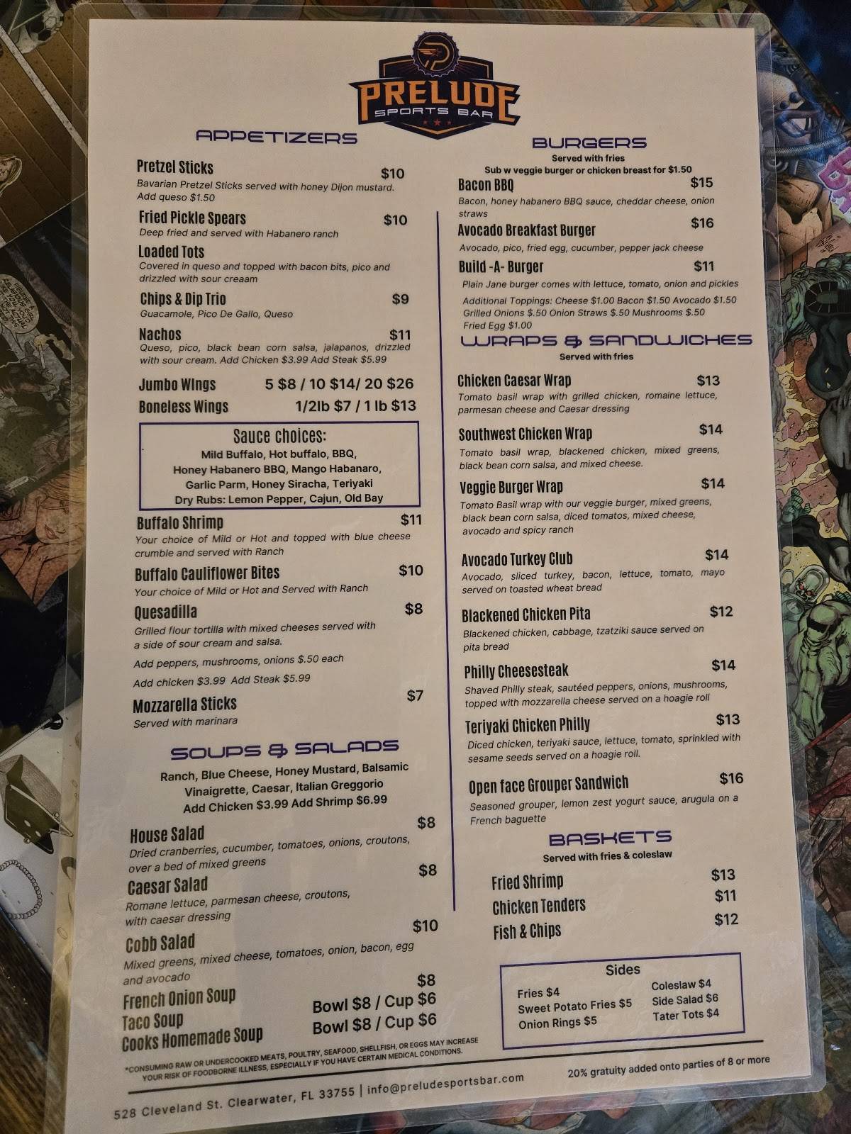 Menu at Prelude Sports Bar, Clearwater