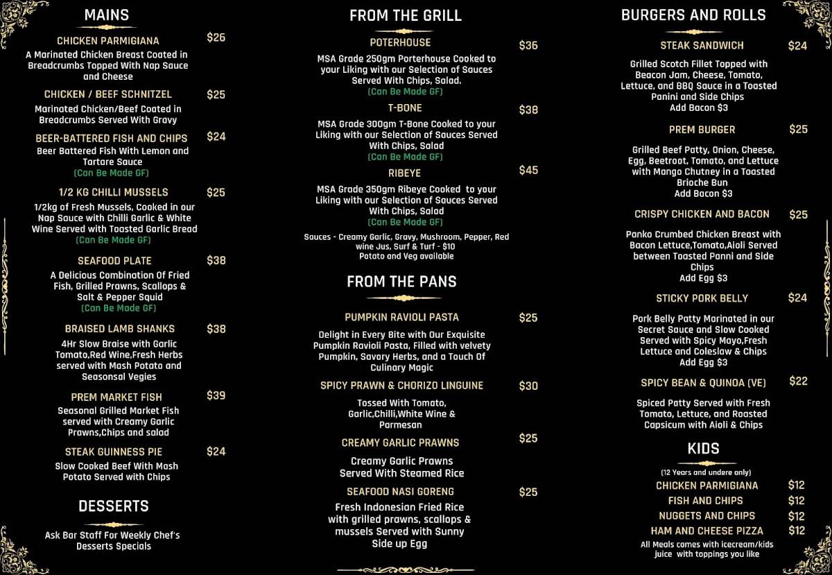 Menu at Premier Hotel Pinjarra restaurant, Pinjarra