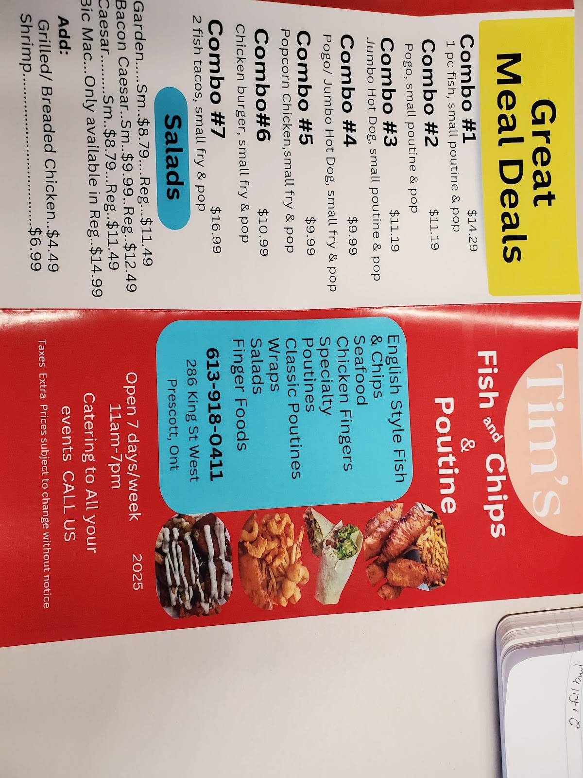 Menu at Tim's Fish & Chips and Poutine restaurant, Prescott