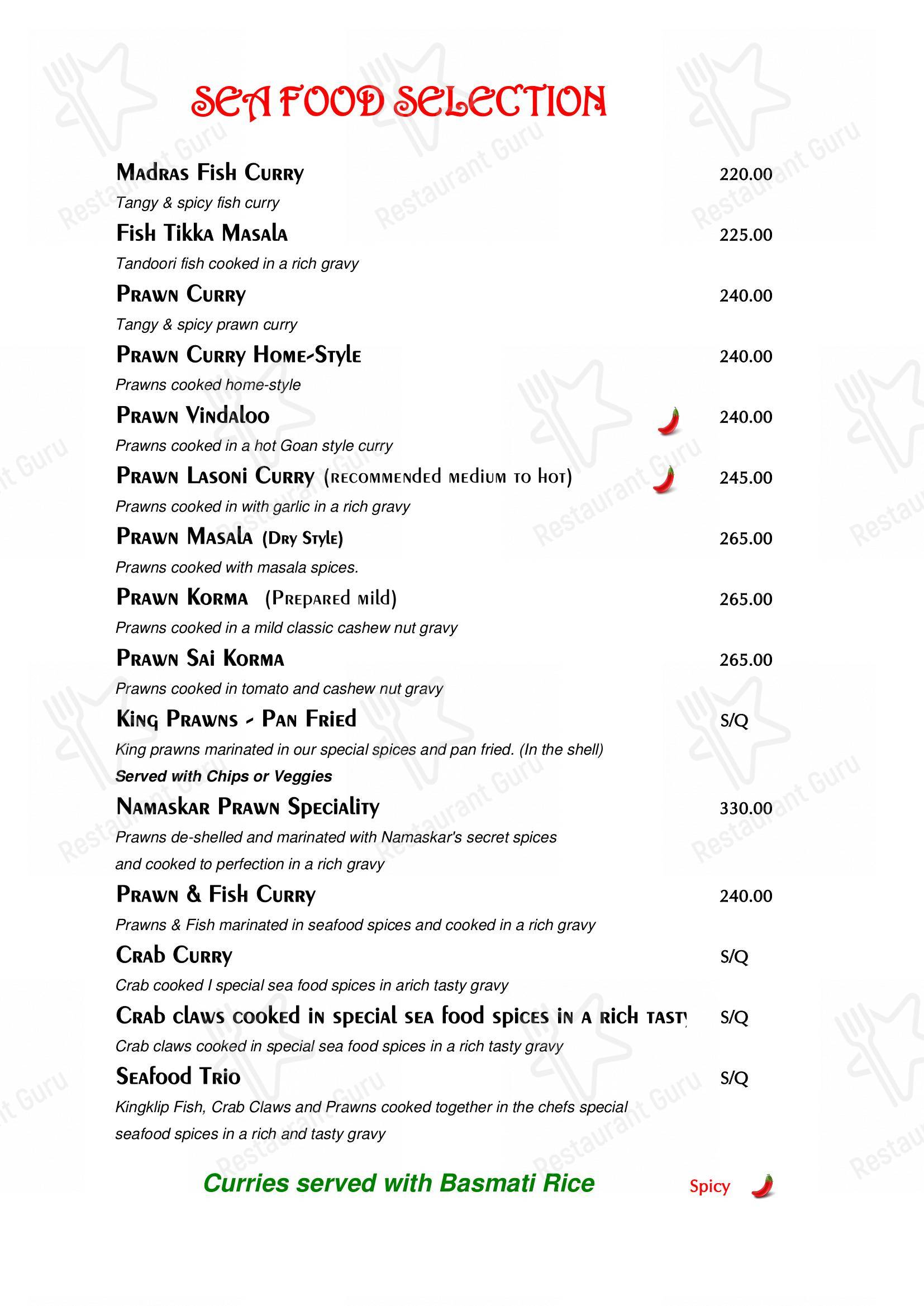 Menu at Namaskar Restaurant, Pretoria
